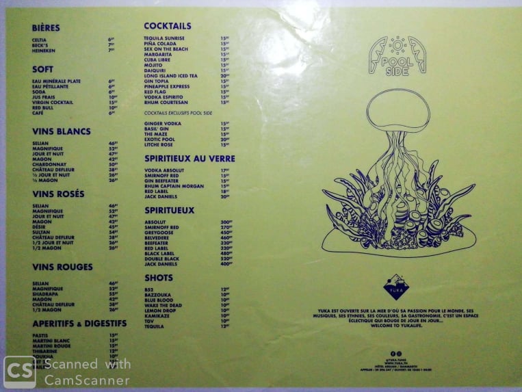 Yüka Tunis Beach bar, Lounges - Bars, Pool Bar Gammarth, Tunis, menu ...